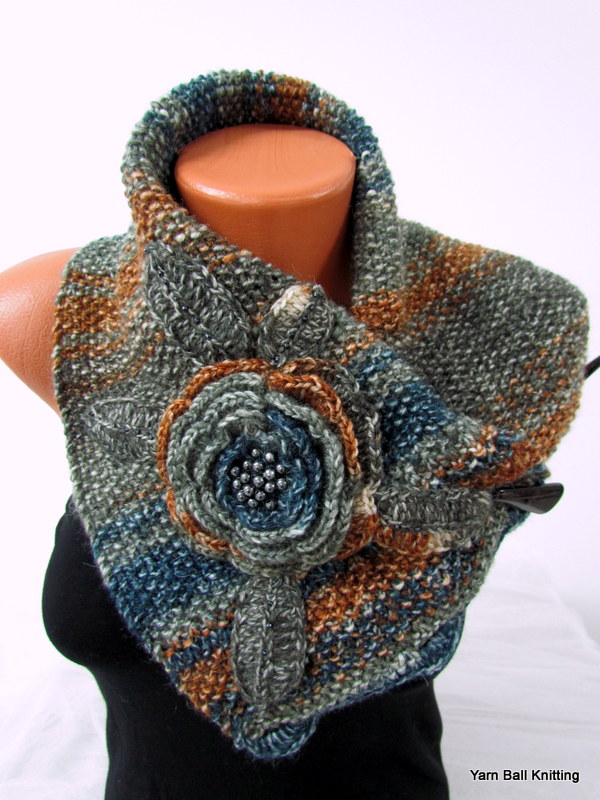 Knitted Scarf Around The Neck, Three Buttons, Crocheted Flower With ...